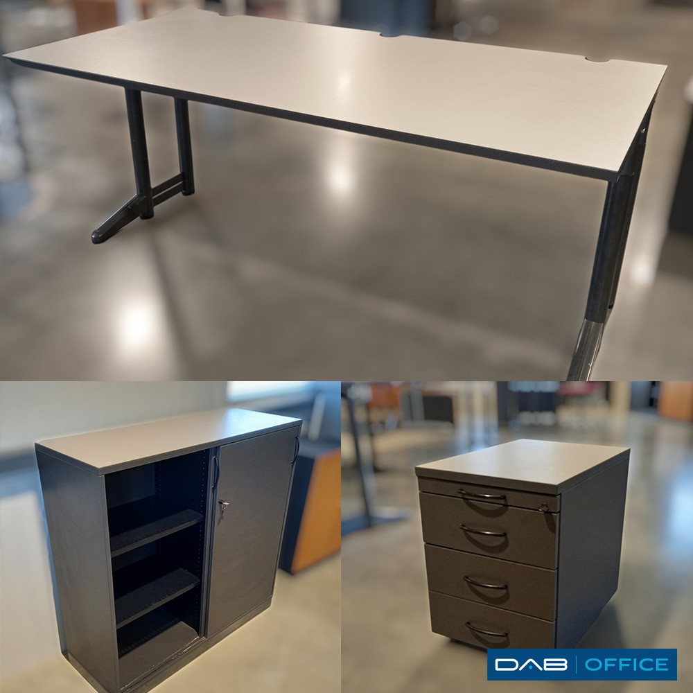 Set PROFESIONAL GRI - birou + rollbox cu 3 sau 4 sertare + dulap ...