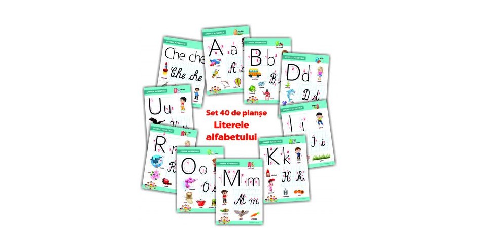 Literele alfabetului. Set 40 de planse didactice pentru clasa pregatitoare si pentru clasa 1 ...