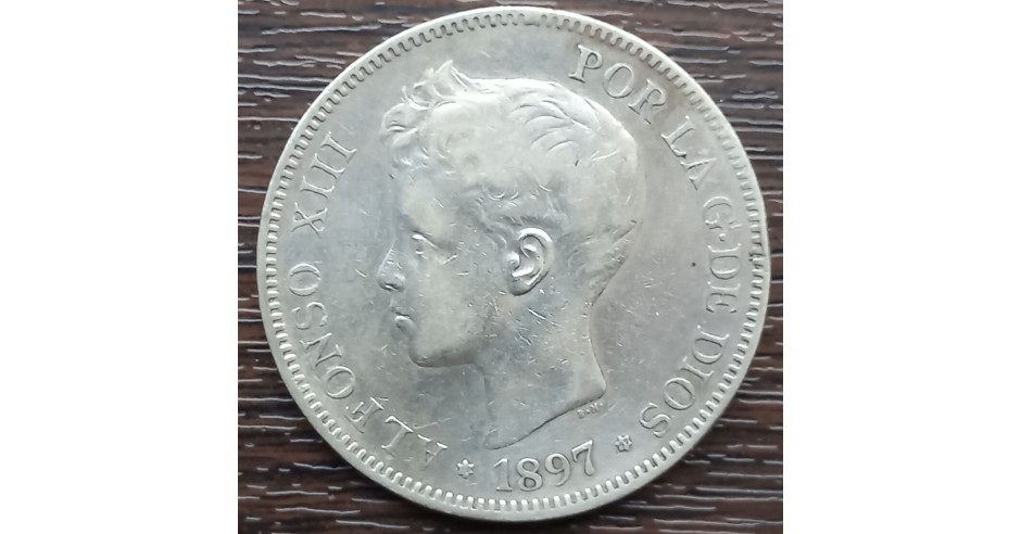 (A527) MONEDA DIN ARGINT SPANIA - 5 PESETAS 1897 SGV (1897), REGELE ...