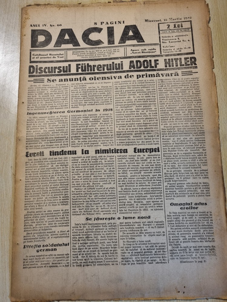 Ziar Dacia, 18 Martie 1942: Discurs Hitler despre Evrei & Măsuri ...