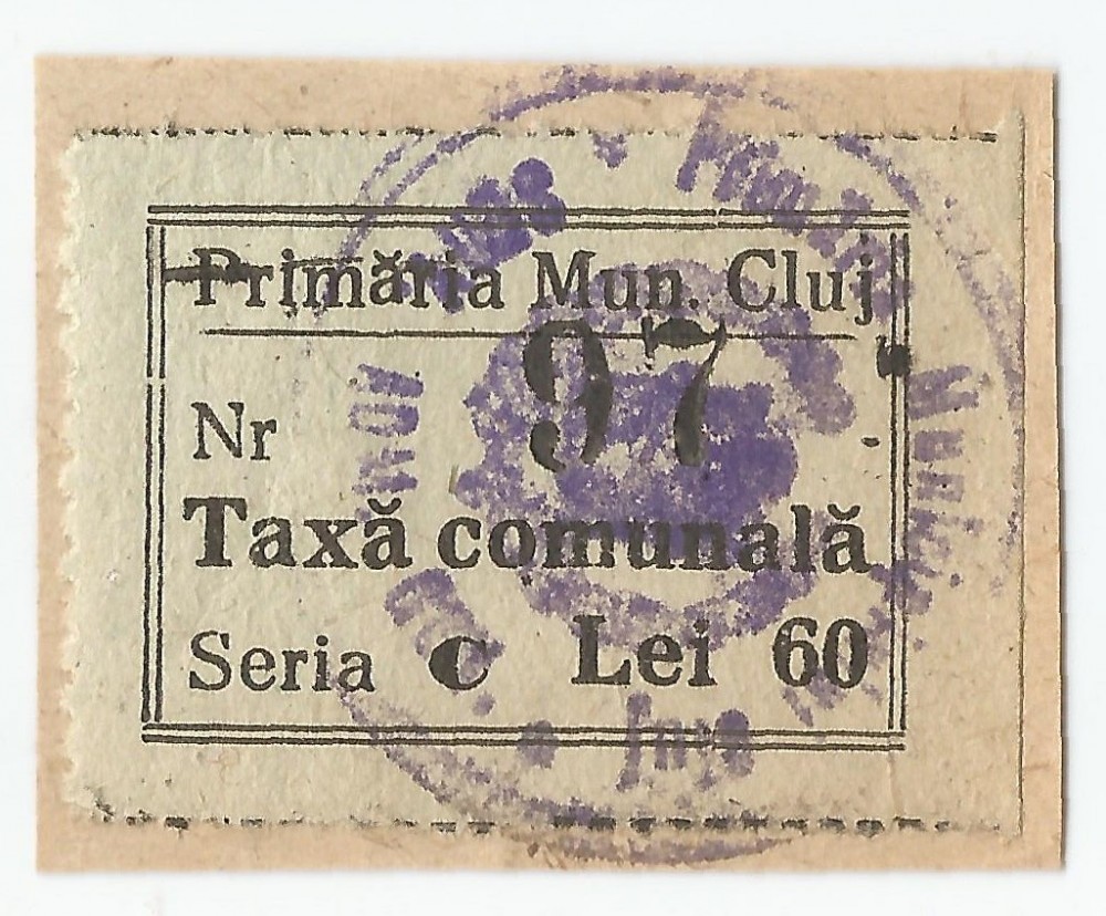 Romania, lot 108 cu 1 timbru fiscal local Cluj, Taxa comunala ...