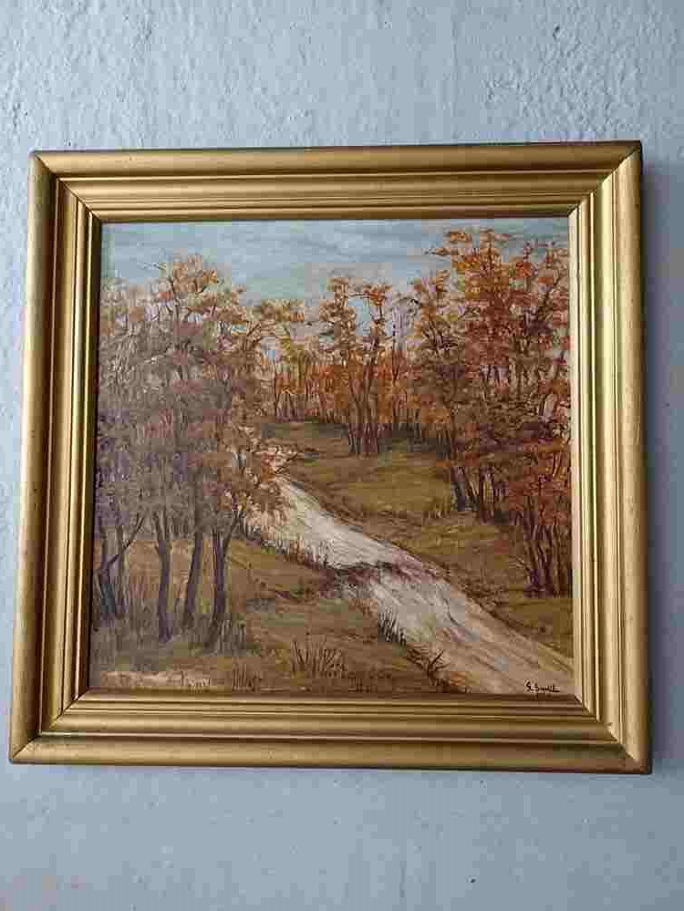 TABLOU VECHI IN ULEI PE PLACAJ LEMN. PEISAJ DE TOAMNA. SEMNAT G. SUDITU ...