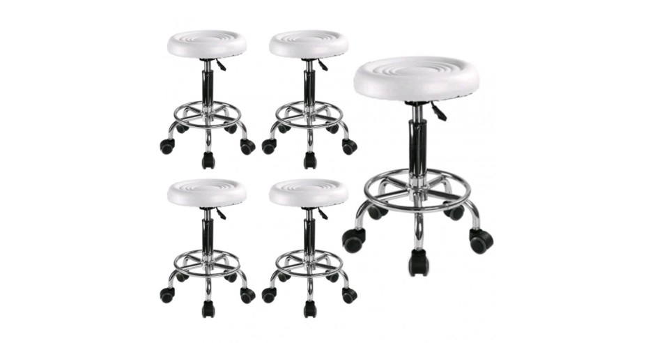 SET - 5 x Scaun hidraulic cu roti, Taburet rotativ, Pentru salon, Alb ...