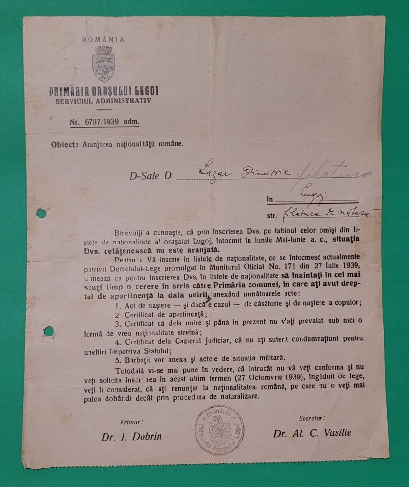 Certificat cu situatie de nationalitate, antet Primaria Lugoj, | arhiva ...