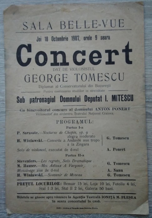 Afiș Concertul violonistului George Tomescu - 1907 | arhiva Okazii.ro