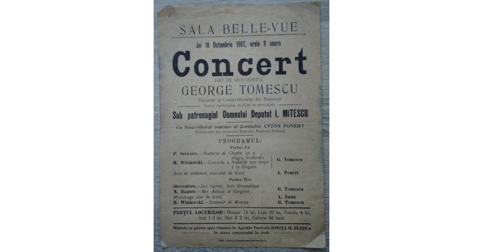 Afiș Concertul violonistului George Tomescu - 1907 | arhiva Okazii.ro