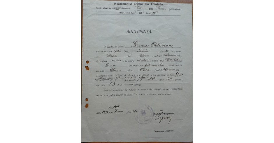 Adeverința de absolvire invațămant primar, 1934, Octavian Groza, fost ...