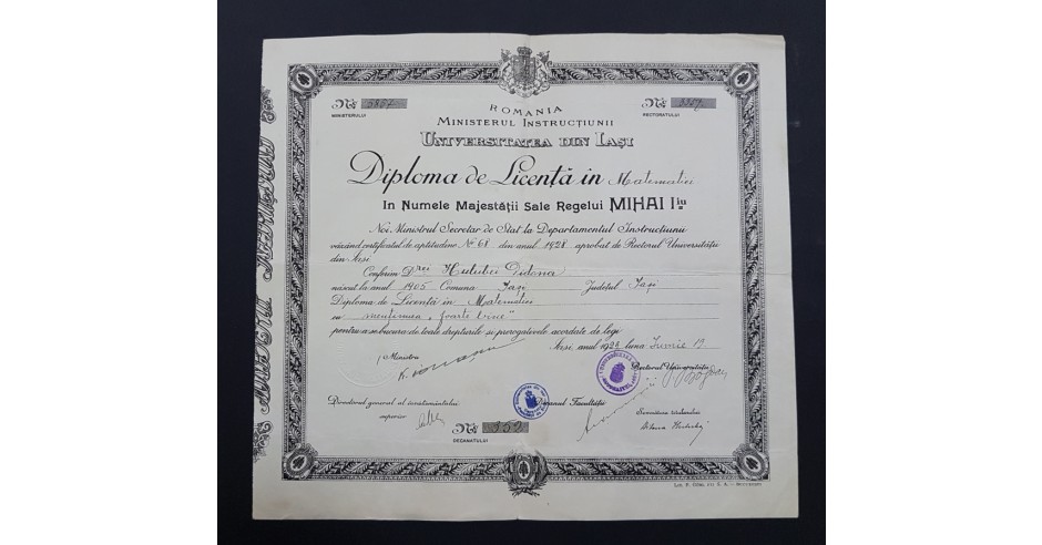 Diploma de licenta 1929 Universitatea din Iasi , per. regele Mihai I ...