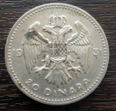 (A831) MONEDA DIN ARGINT YUGOSLAVIA - 20 DINARA DINARI 1931, ALEKSANDAR I | arhiva Okazii.ro