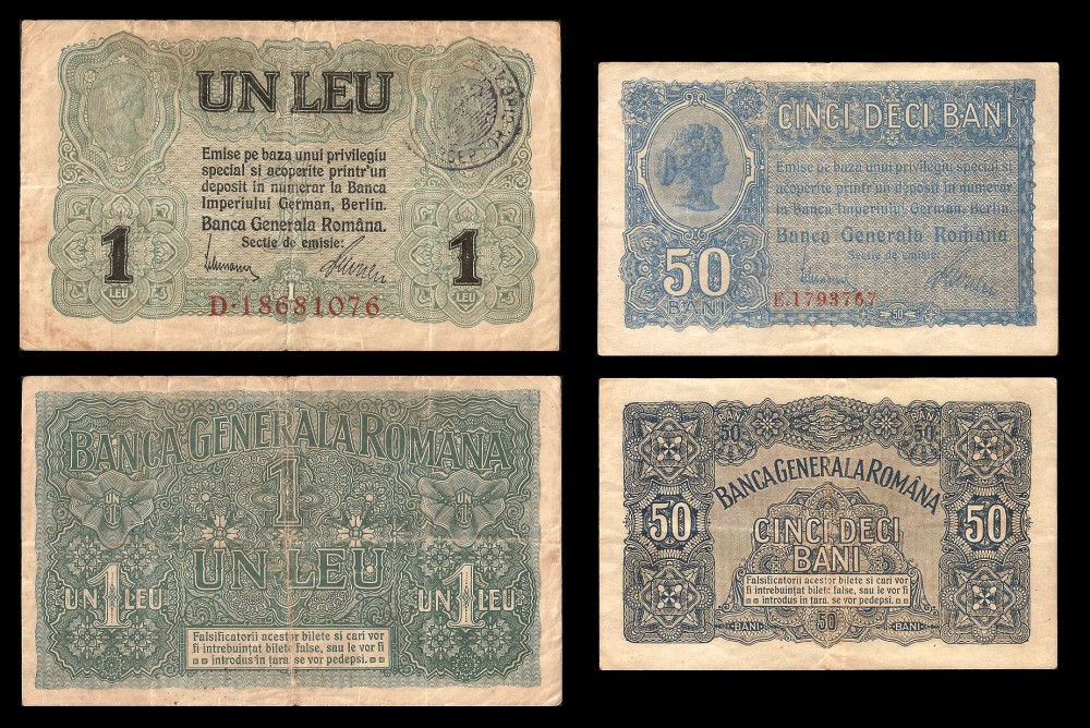 Bancnote Romania, bani vechi - 1 leu 1917 -BGR (cu stampila) & 50 ban ...
