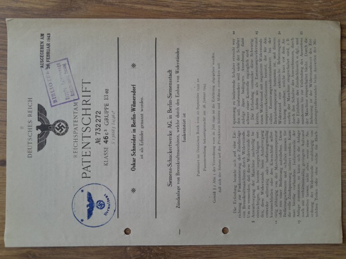 Patent vechi brevet inventie Germania Reich nazism zvastica document ...