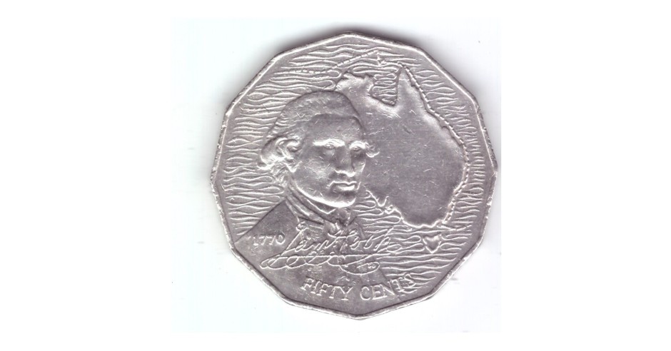 Moneda Australia 50 cents/centi 1970, Capitanul Cook, stare relativ ...