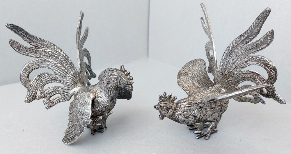 Lupta de cocosi - set 2 cocosi metalici turnati vintage, placati cu ...