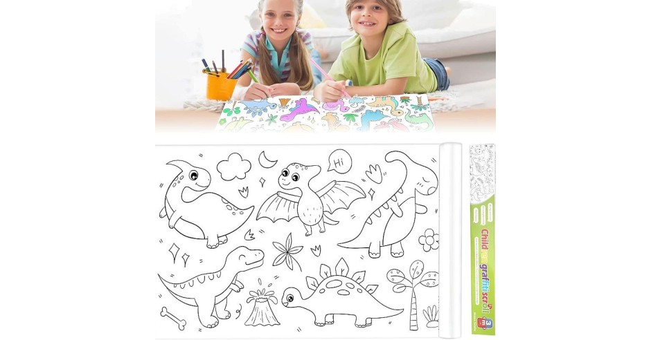 Rola hartie cu desene de colorat, model dinozauri, hartie autocolanta ...