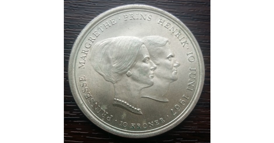 (A800) MONEDA DIN ARGINT DANEMARCA - 10 KRONER 1967, NUNTA PRINTESEI ...