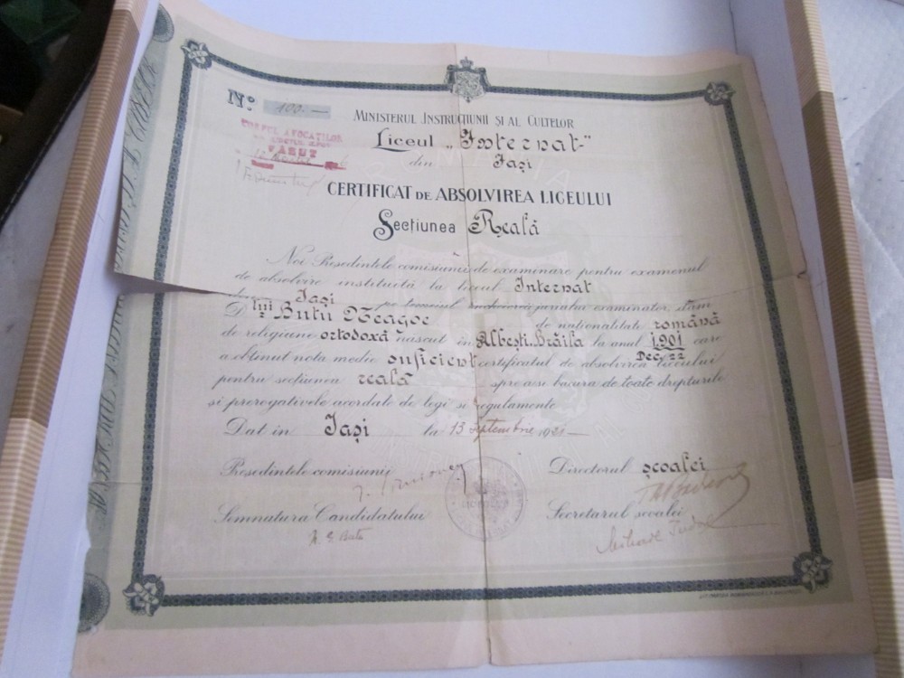 Certificat de absolvire liceu sectiunea reala an 1921 liceul internat ...
