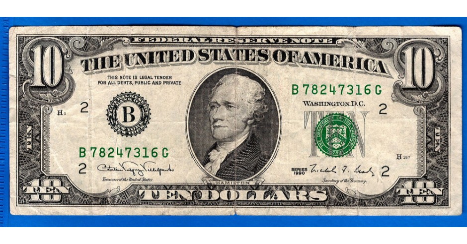 (1) BANCNOTA SUA - 10 DOLLARS 1990, PORTRET HAMILTON, TIMBRU VERDE ...