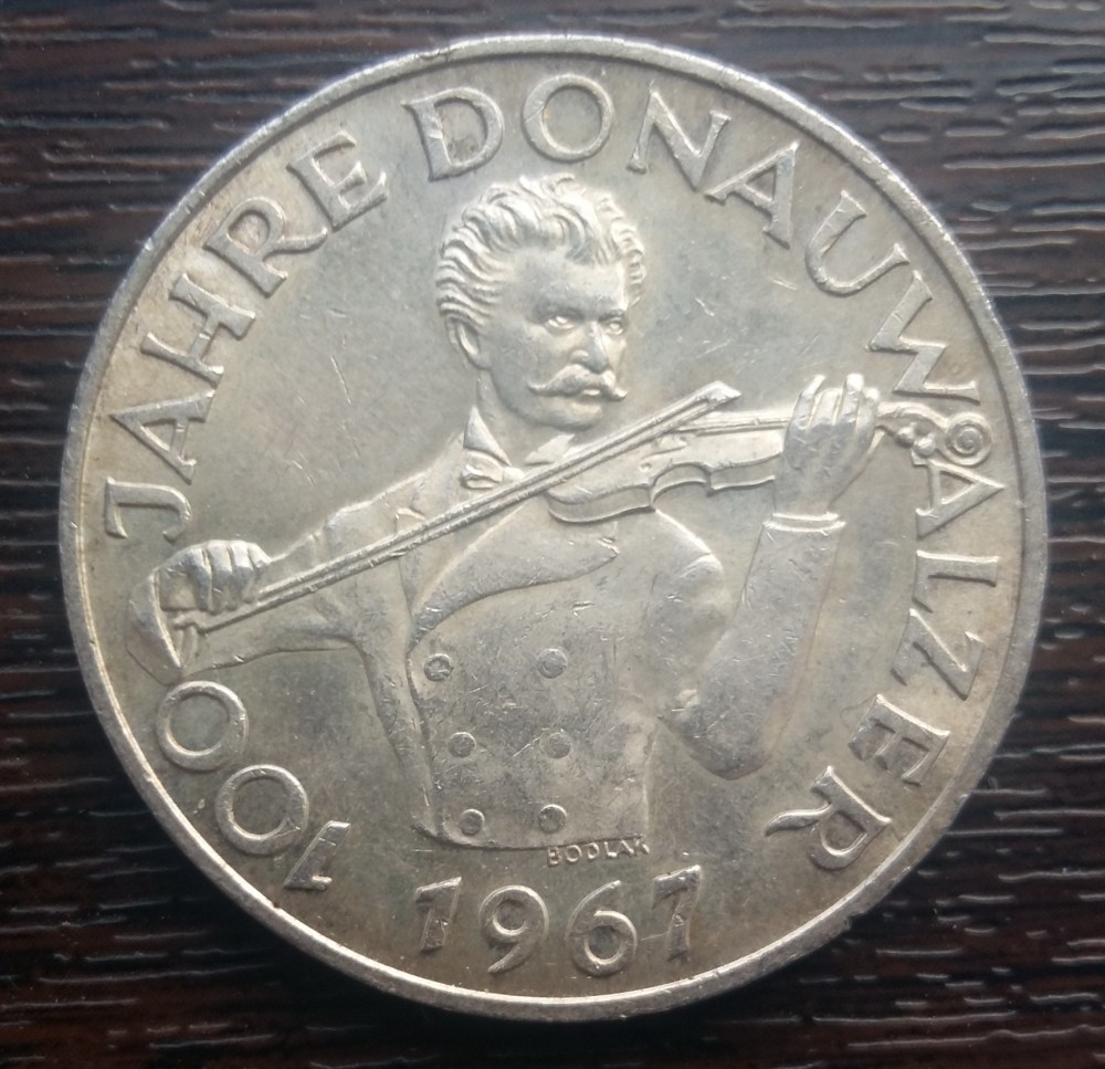 (A1035) MONEDA DIN ARGINT AUSTRIA - 50 SCHILLING 1967, 100 ANI VALSUL ...