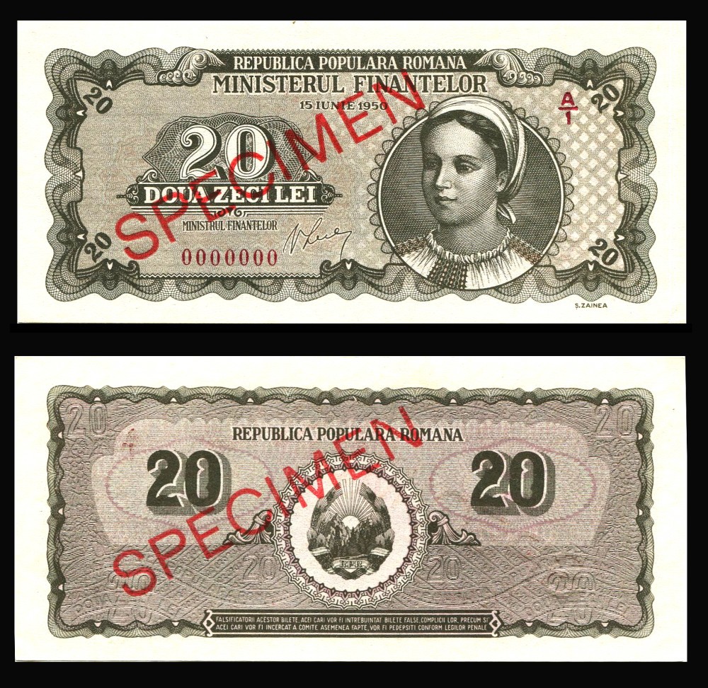 Bancnote romanesti, bani vechi, 20 lei 1950 -specimen UNC | arhiva ...