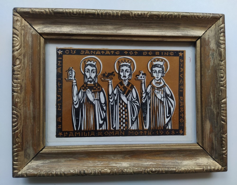 Linogravura ( monotipie ) - Casa, bani, masina - Roman Mottl (1921-1991 ...