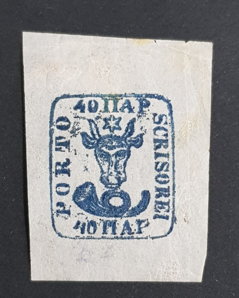 Moldova 1859 Cap de Bour 40 par. albastru-inchis, h. alba, margini mari ...
