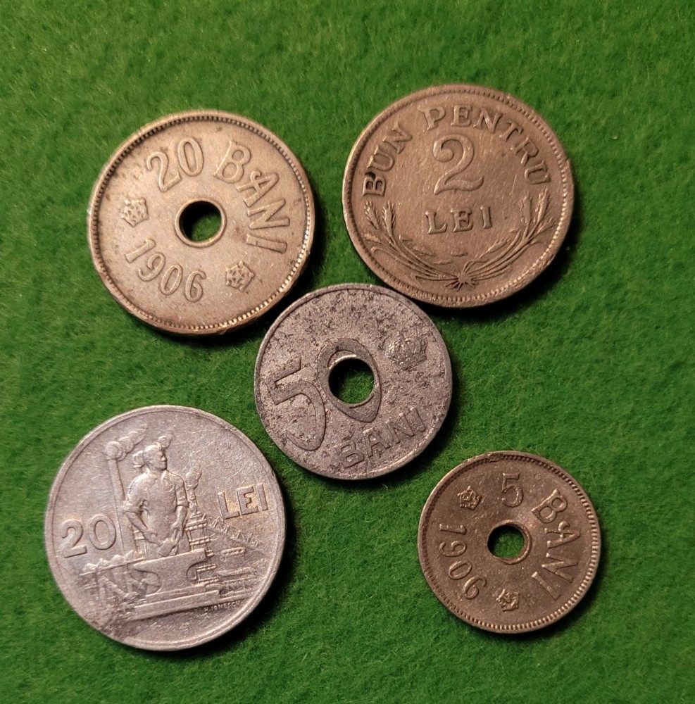 Monede Romania 20 bani si 5 bani 1906, 20 lei 1951, 50 bani 1921 si 2 ...