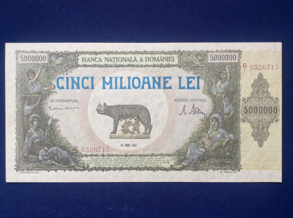 Bancnote Romania - 5000000 lei 1947 - seria D.0326715 (starea care se ...