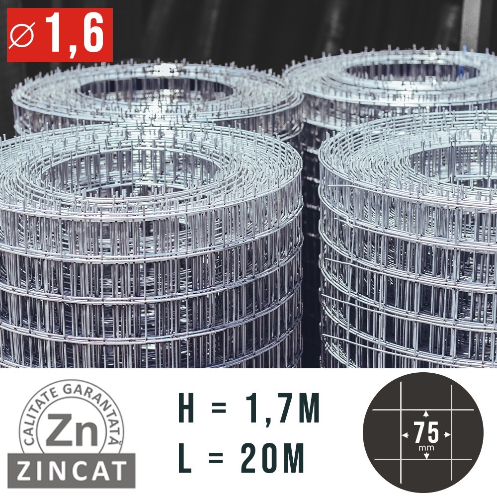 Plasa gard sudata zincata, 1,7 x 20 m, 75 x 75, diametru 1,6 mm | arhiva Okazii.ro