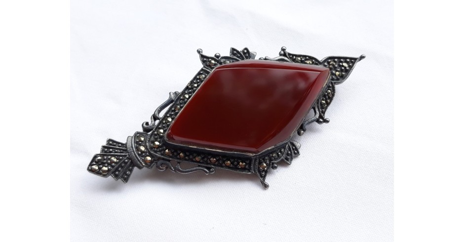 Argint 1900 BROSA cu CARNEOL ornata cu MARCASITE masiva VIENEZA AUSTRIA ...
