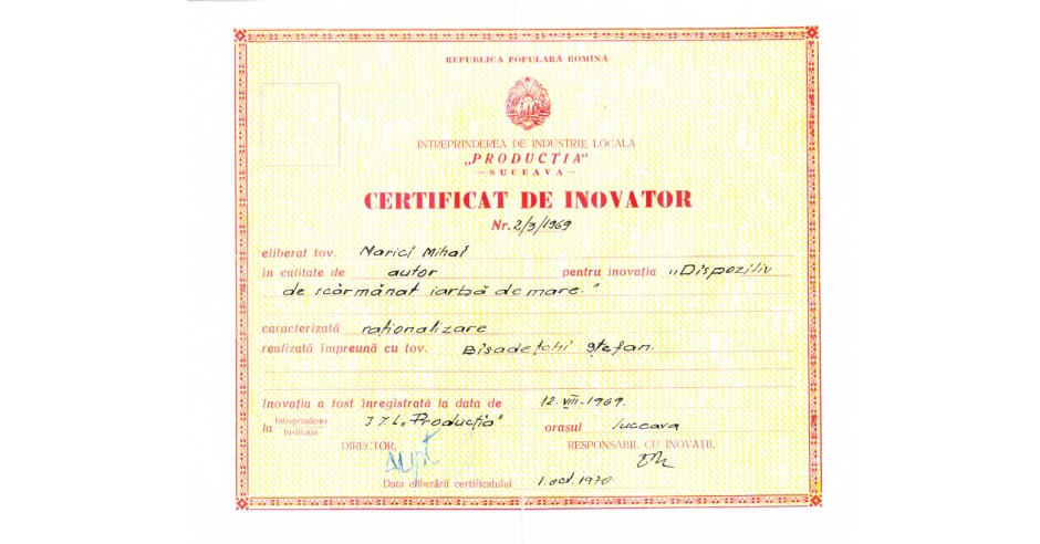 AMS# - CERTIFICAT INOVATOR DISPOZITIV DE SCARMANAT IARBA DE MARE 1969 ...