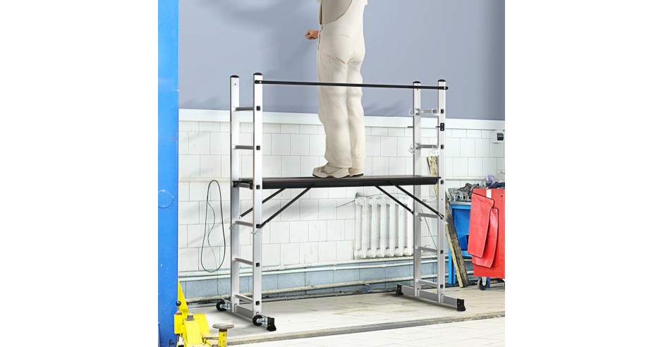 DURHAND Scara din aluminiu si lemn de plop cu design 3 in 1, schele cu ...