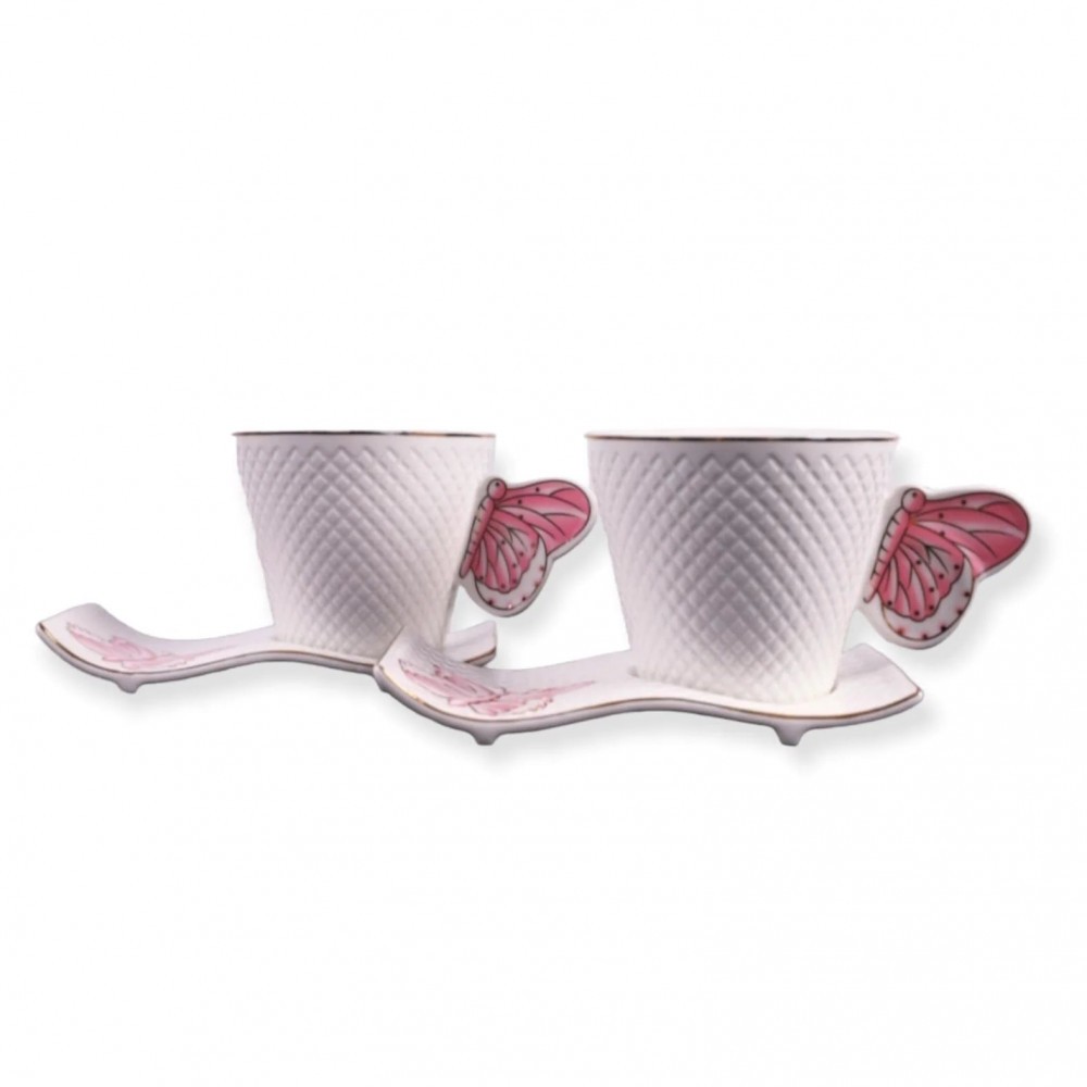 Set 2 cesti Cafea sau Ceai cu farfurioare, fluture roz | arhiva Okazii.ro
