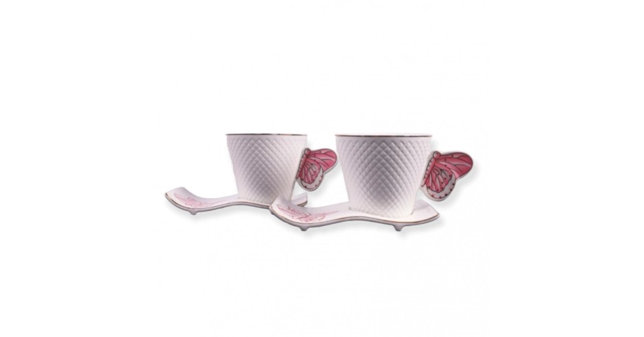 Set 2 cesti Cafea sau Ceai cu farfurioare, fluture roz | arhiva Okazii.ro