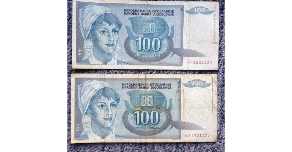Doua bancnote 100 Sto Dinara Dinari Yugoslavia 1992, starea din imagine ...