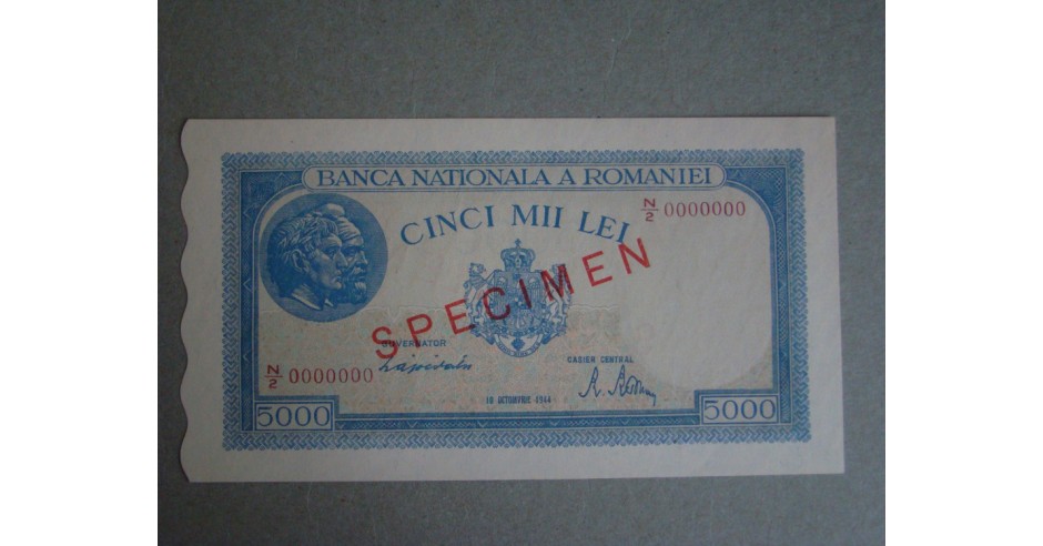 Bancnota 5000 lei 10 Octombrie 1944 Specimen Filigran Orizontal - UNC ...