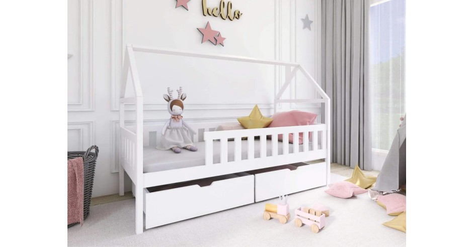 Pat pentru copii din lemn Domi, 80x160 cm, Alb Alb, 80x160 cm (87x168 ...