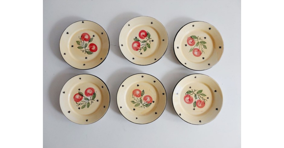 Set 6 farfurii mici ceramice pictate manual cu fructe piersici/caise ...