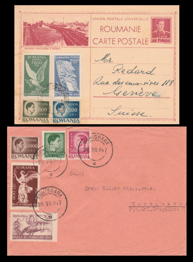 1947 Romania - Plic + cp circulate seria completa Pacea, Sef Posta ...