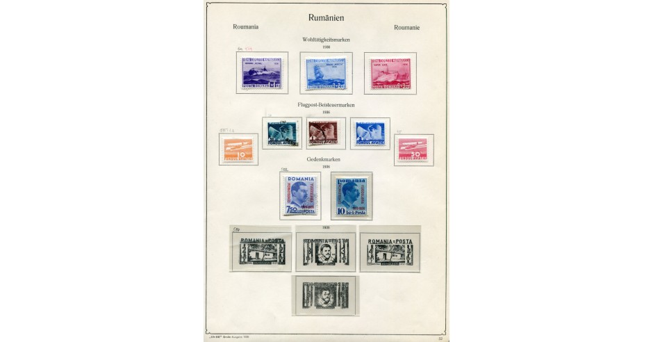 1936 - 1942 , Romania , Lot 3 timbre postclasice pe pagini de album ...
