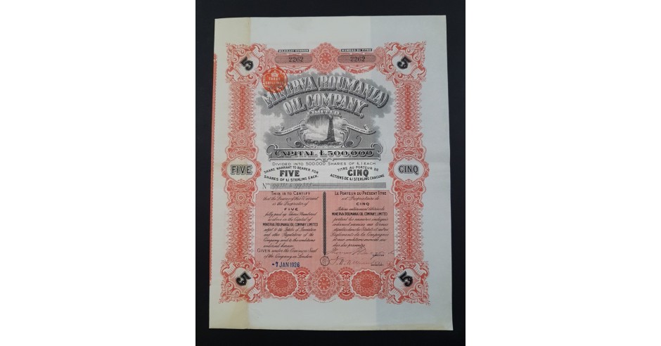 Actiune 1926 petrol soc. MINERVA Oil company Romania , titlu , actiuni ...