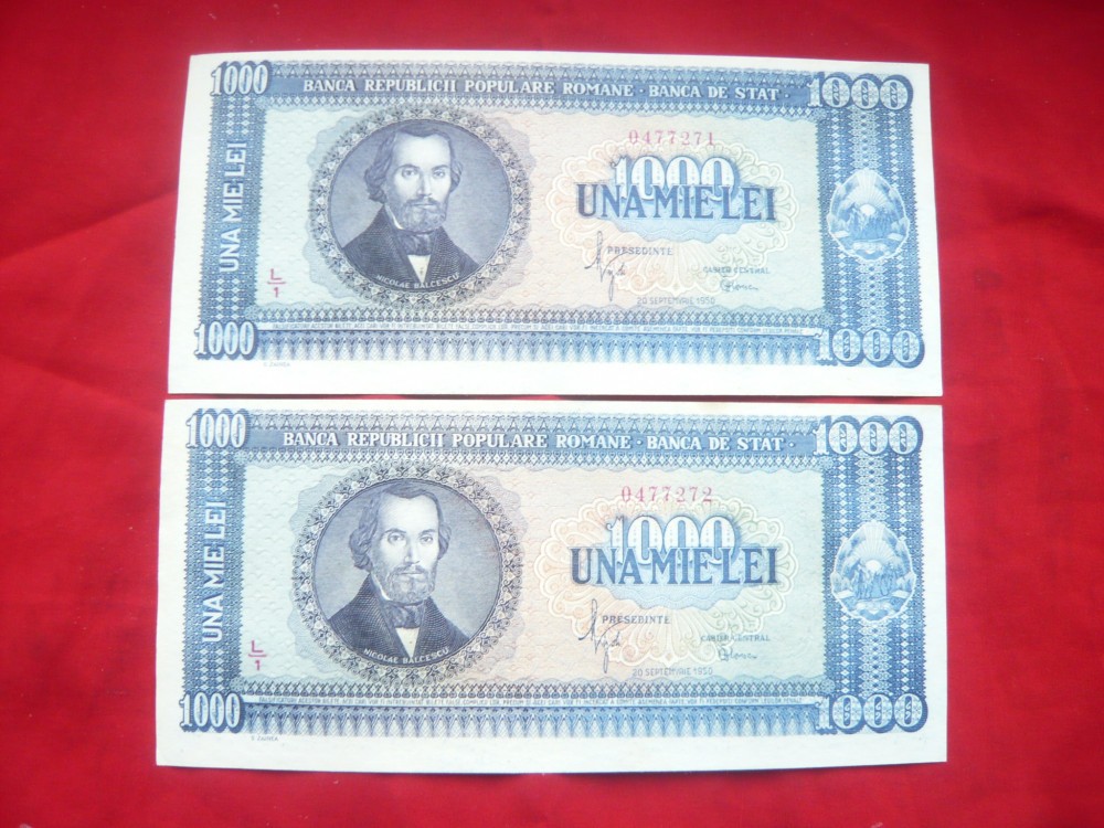 Set 2 Bancnote 1000 lei 20 sept. 1950 N.Balcescu RPR , cal. Necirculat ...