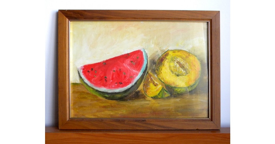 Fructe, natura statica - tablou original ulei pe carton panzat, rama 39 ...