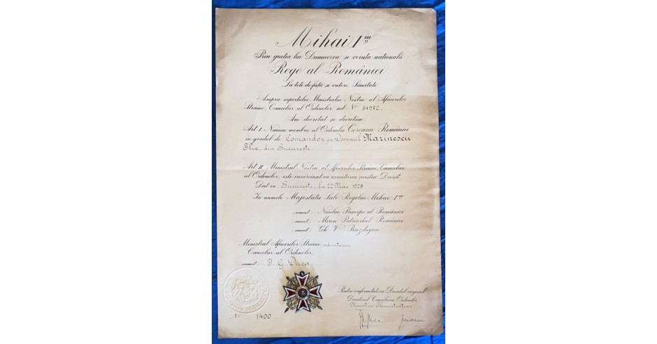 COROANA ROMANIEI IN GRAD DE COMANDOR/BREVET PLUS ORDIN,REGENTA MIHAI I ...