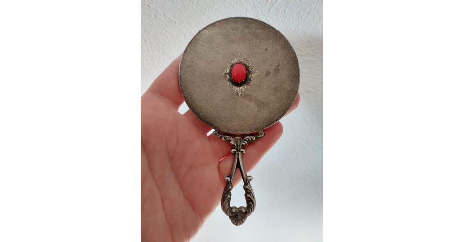 Oglinda veche de mana / poseta, argint 800, stil victorian, piatra ...