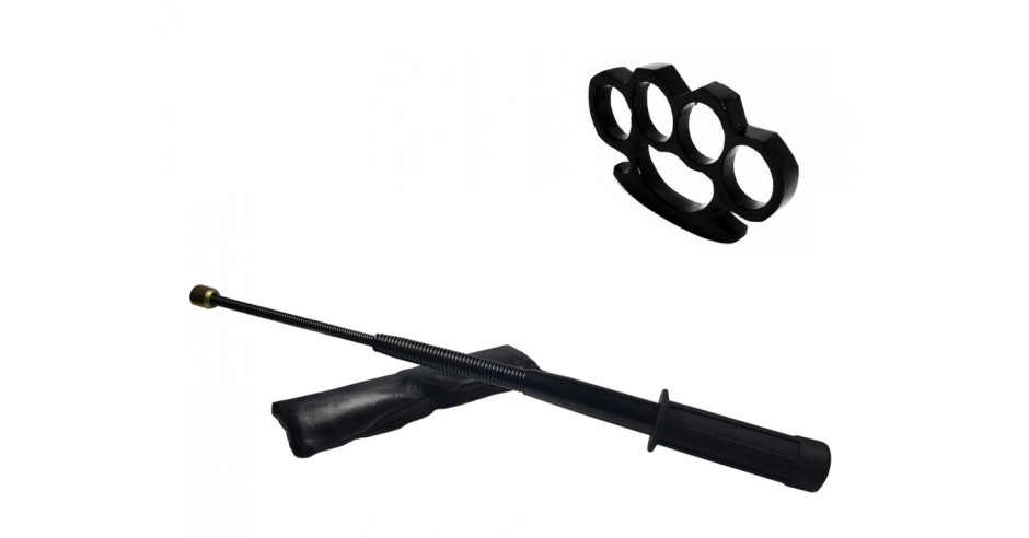 Set baston telescopic flexibil negru maner tip tonfa 47 cm + box negru ...