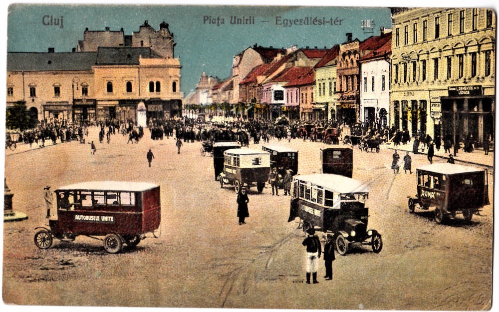 Cluj Piata Unirii, autobuze de epoca,foarte animata,serbare ilustrata ...