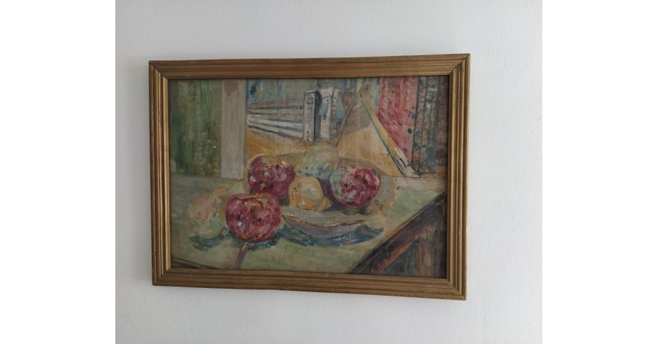 Tablou vechi - Pictura ulei - Vas cu mere si fabrica comunista ...