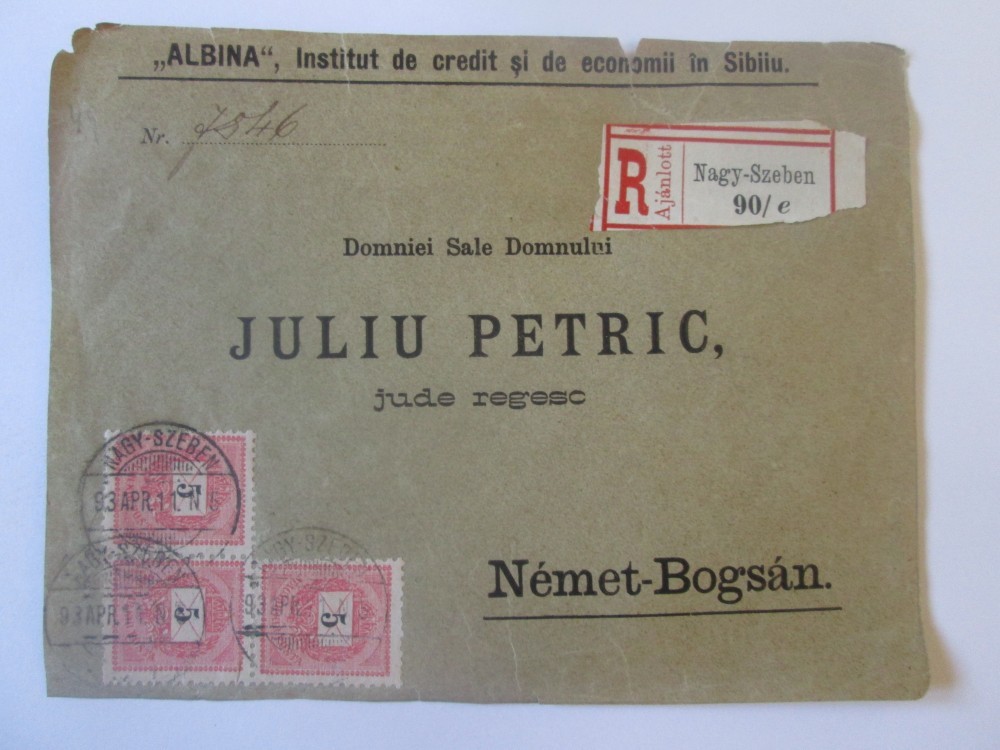 Rar! Plic recomandat si circulat in 1893 la Sibiu,adresat unui Jude ...