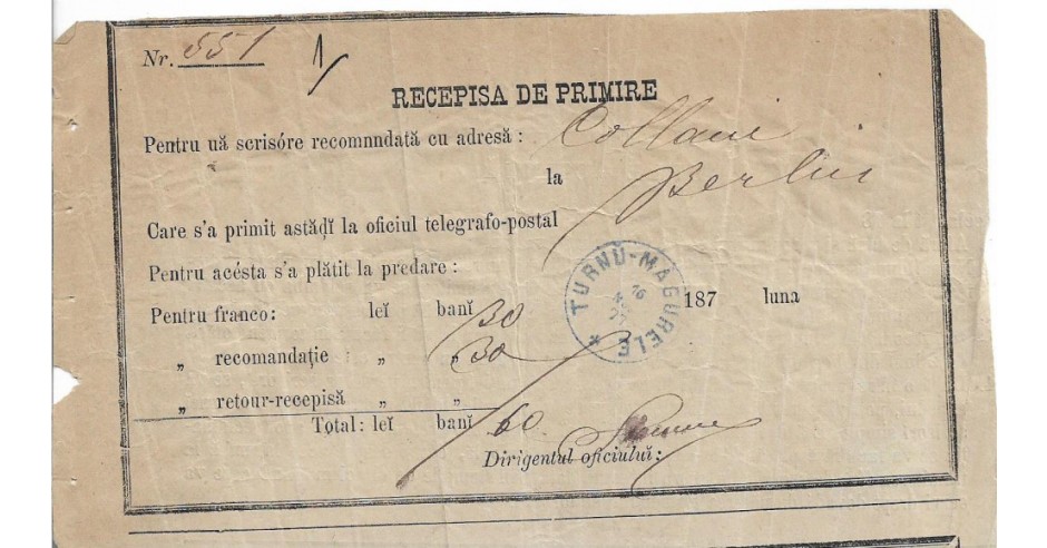 Recipisa de primire 1877 stampila Turnu Magurele | arhiva Okazii.ro