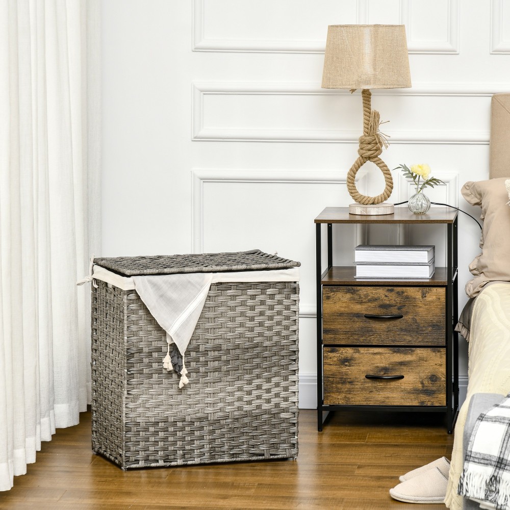 HOMCOM Cos de rufe din ratan cu capac, cos de rufe 100 litri cu 2 ...